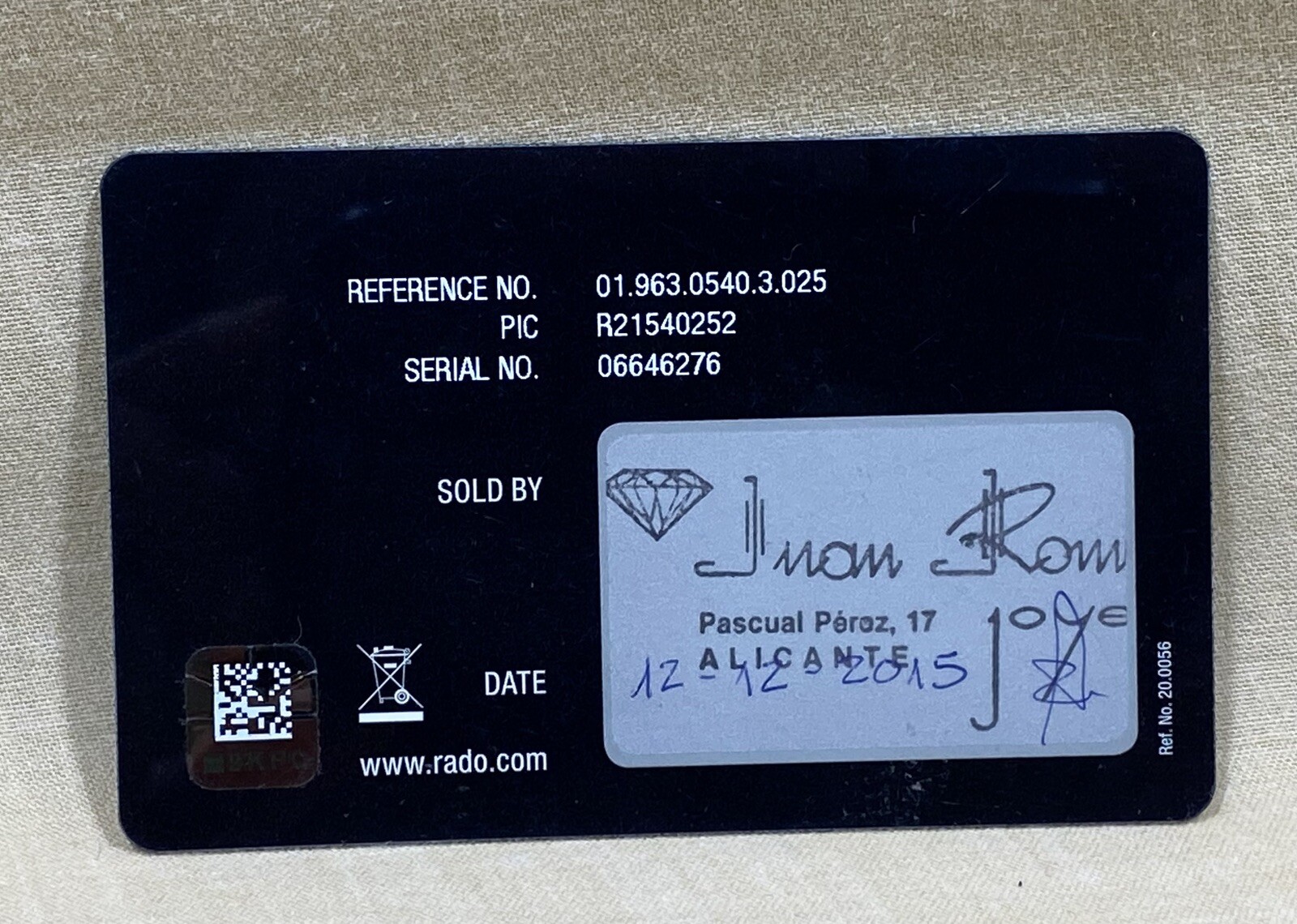 RADO 2 Year International Warranty 2015 01.963.0540.3.025 06646276 OEM ...