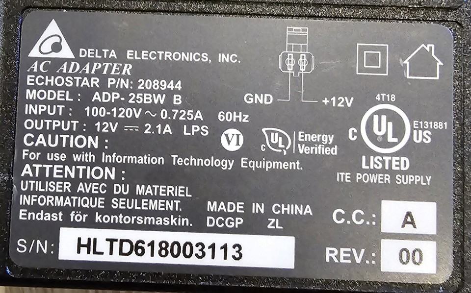 Genuine Delta Electronics AC Adapter Echostar P/N: 298944 Model ADP ...