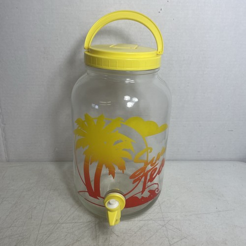 VTG Sun Tea Beach Jug Glass Jar Yellow Pitcher 1 Gal. Ice tea Retro ...