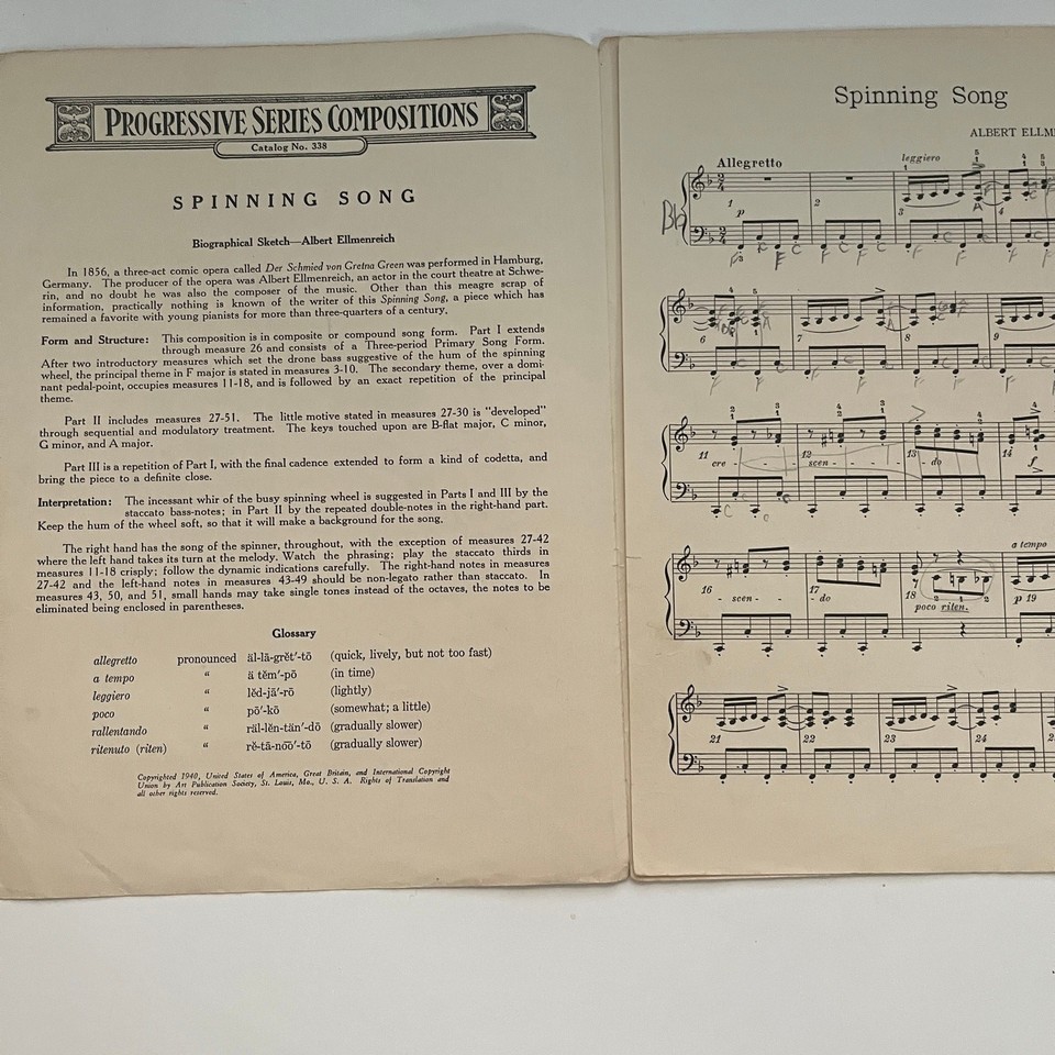 Spinning Song Albert Ellmenreich 1940 Antique Sheet Music SV25-4 | eBay