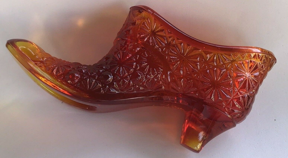 1970's Fenton Amber Red Glass Shoe Slipper Daisy Beautiful 2 1/2"H X 6 ...