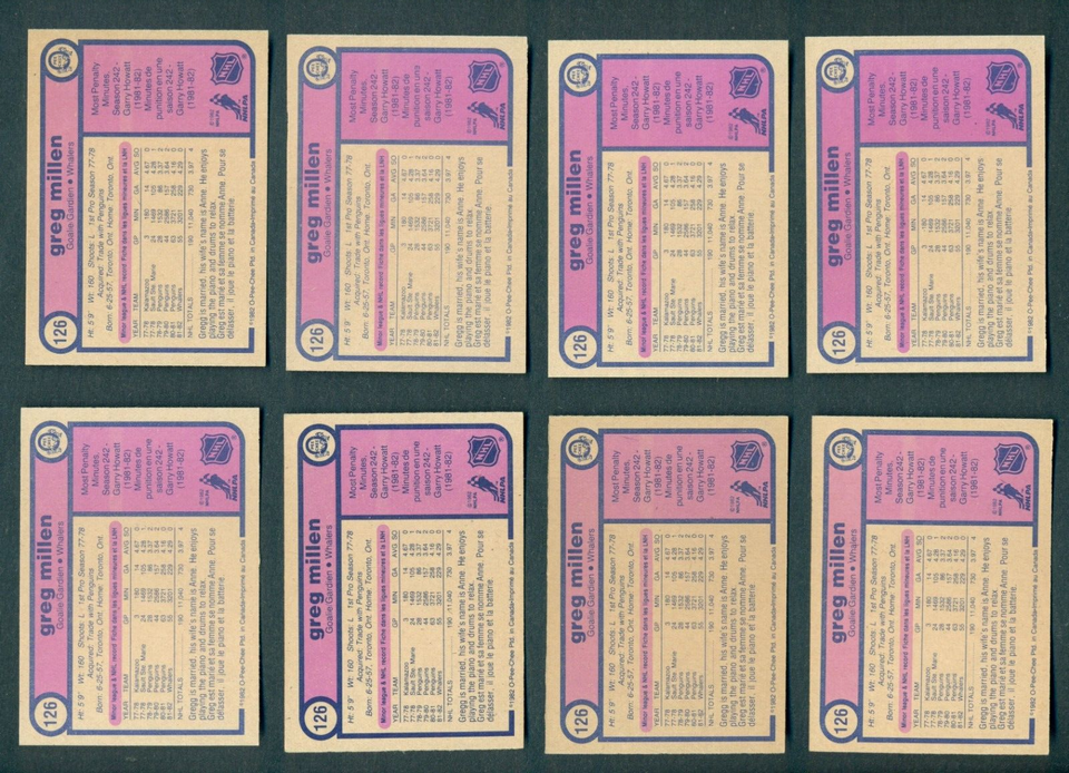 1982-83 O-Pee-Chee #126 Greg Millen 8 Card Lot NM-Mint Goalie Whalers ...