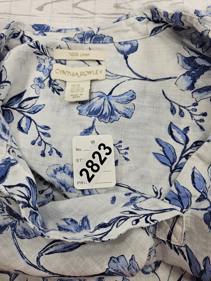 Cynthia Rowley Womens 2X Blue White Floral 100% Linen Popover Blouse | eBay