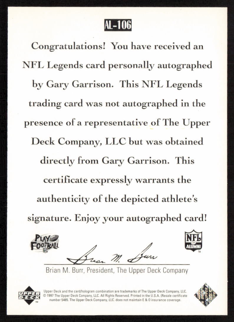 1997 Upper Deck Legends Autographs Gary Garrison #AL-106 San Diego ...