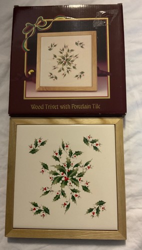 Wood Trivet w Porcelain Tile Ivory Holly Christmas 6 1/2” Square Trivet ...