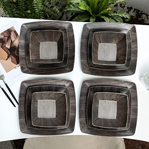 Melamine 12pcs Classic Square Dinnerware Set Concise Plates And Bowls ...