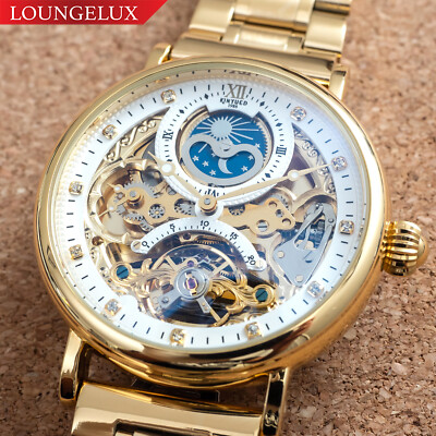 Mens Gold Dual Time Flywheel Automatic Mechanical Watch Stainless Steel ...