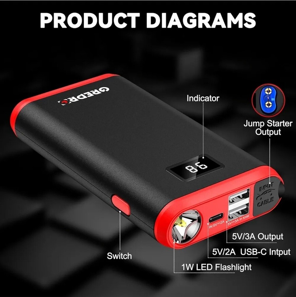 GREPRO Jump Starter Power Pack (up to 6.5L Gas, 4.0L Diesel), Car ...