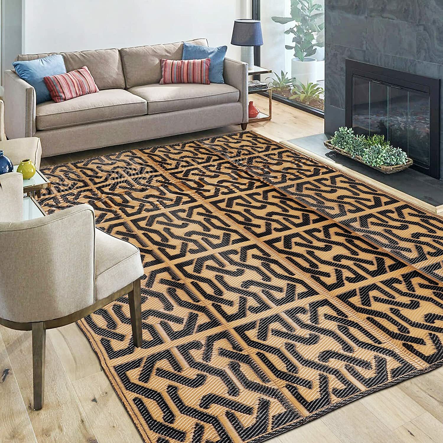 Black Brown Geometric RV Mat Rug 5 x 8 ft Foldable Outdoor Patio Deck ...