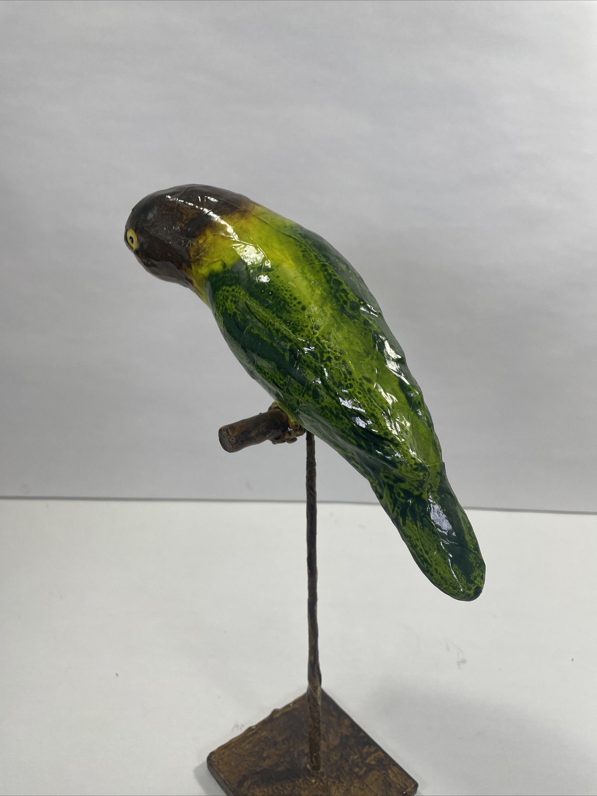 Paper Mache Parrot Vintage Perch Hand Painted - Green & Yellow Amazon ...
