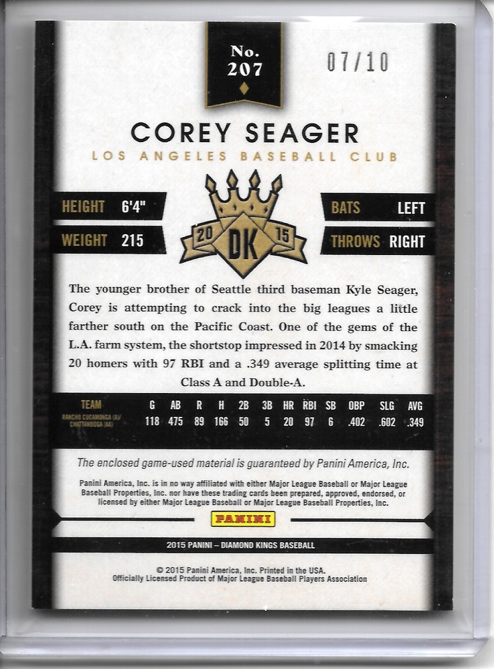 2015 Panini Diamond Kings COREY SEAGER DUAL PATCH SP #7/10 TEXAS ...