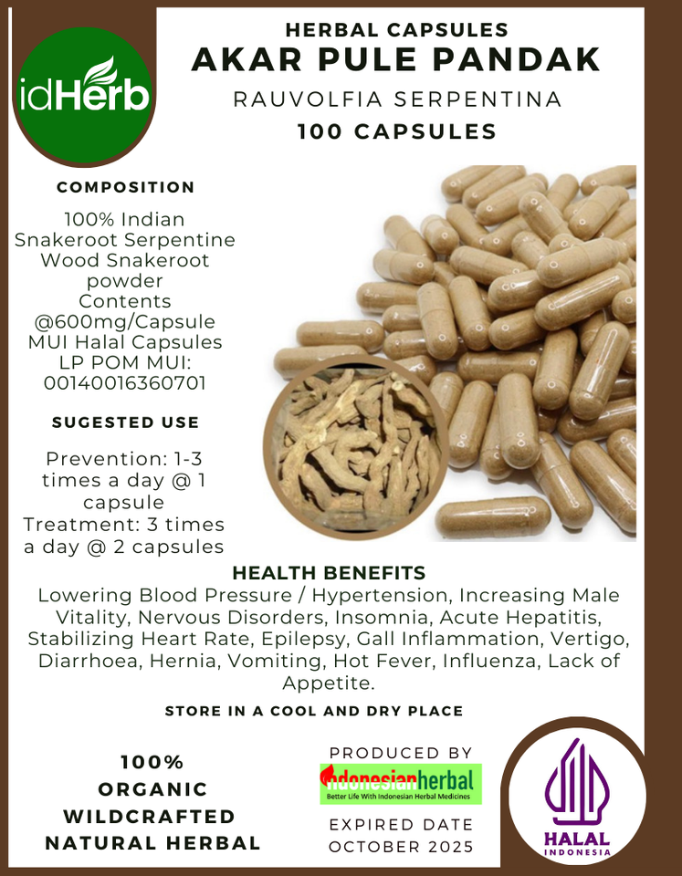 100-500 Capsules Rauvolfia Serpentina Akar Pule Pandak Natural Organic ...