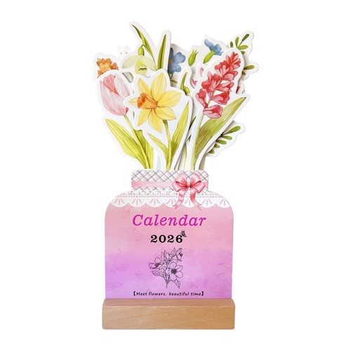 Small Desk Calendar 2026 Bloomy Flower Mini Desk Calendar with Wooden ...