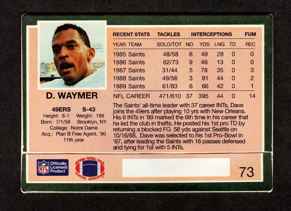 1990 ACTION PACKED #73 DAVE WAYMER -NEW ORLEANS SAINTS - SAN FRANCISCO ...
