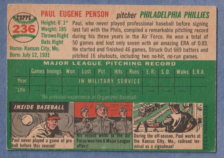 1954 TOPPS PAUL PENSON #236 EX+ just slight tip wear PHILLIES | eBay