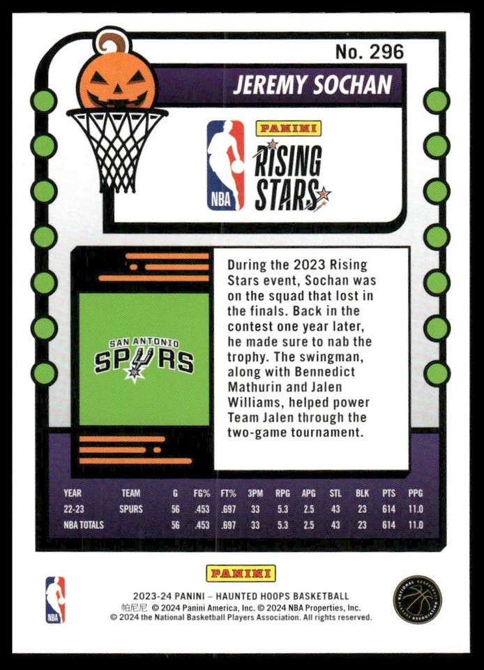 2023-24 Panini Haunted Hoops #296 Jeremy Sochan Orange Parallel Rising ...
