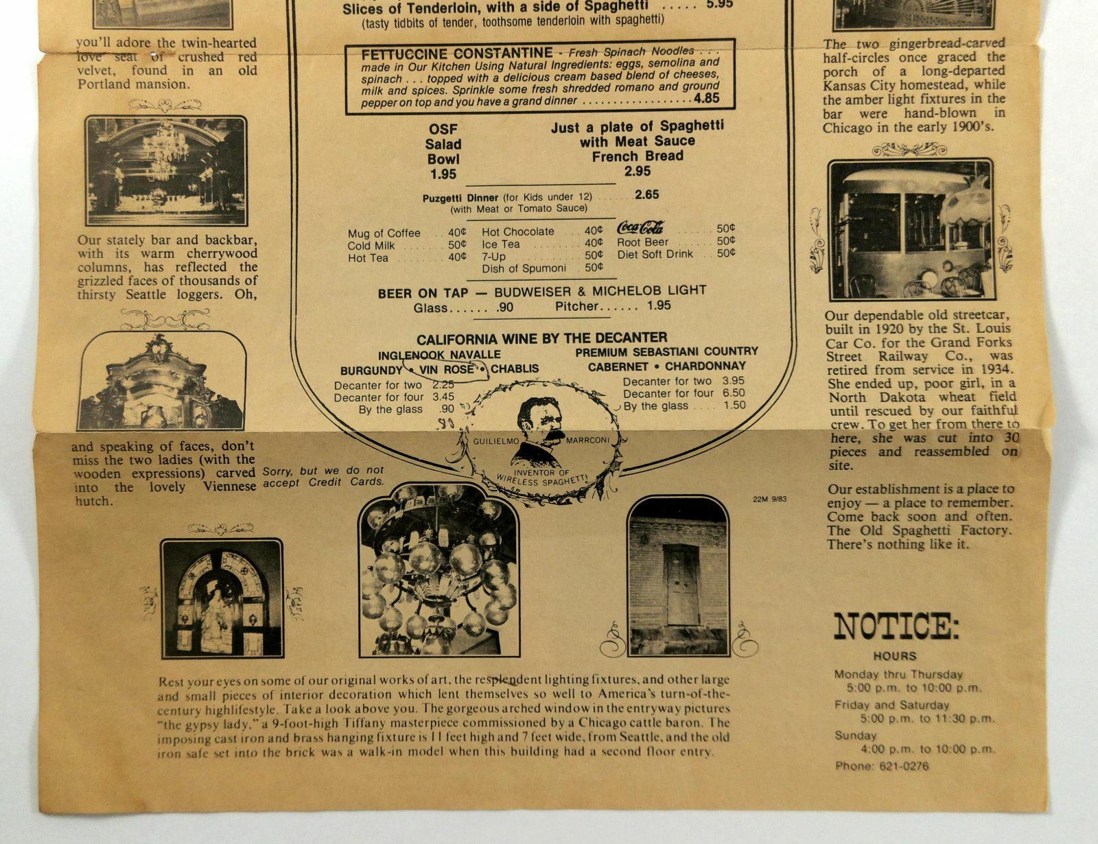 1990's Vintage Menu OLD SPAGHETTI FACTORY Restaurant St. Louis Missouri ...