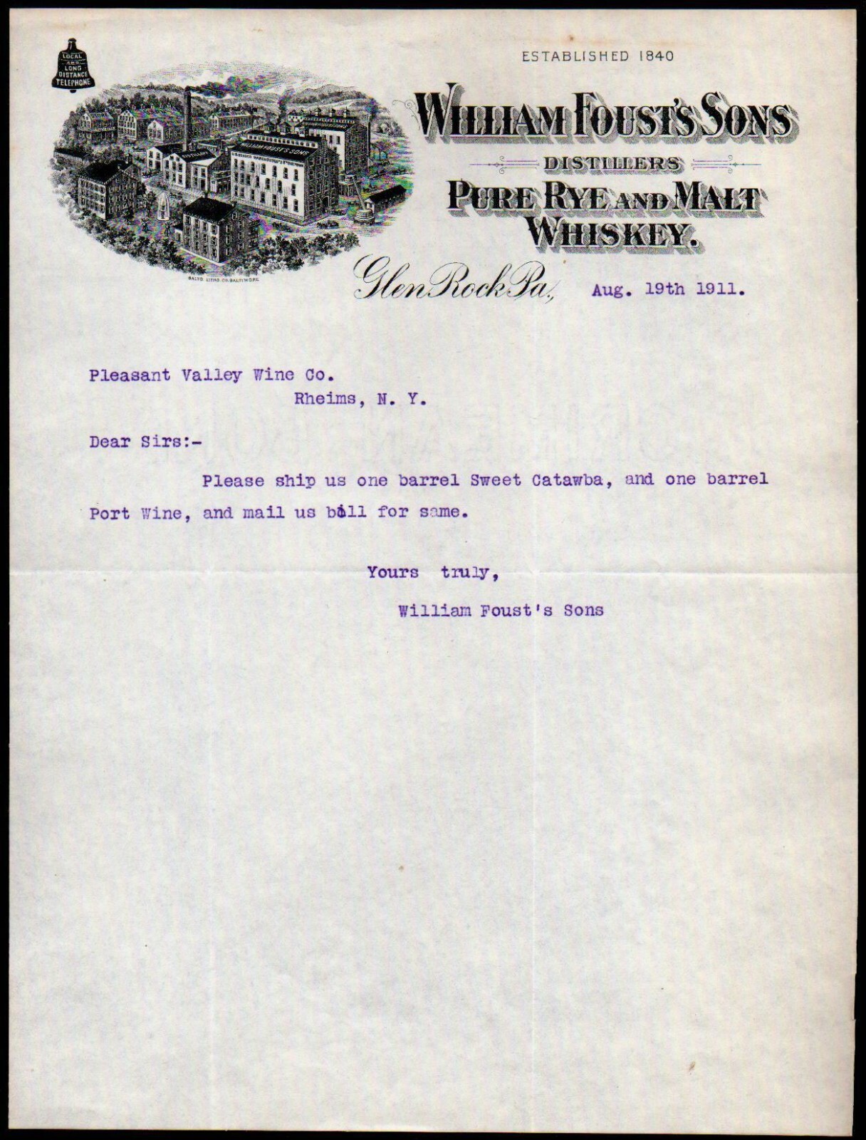 1911 Glen Rock Pa - Pure Rye & Malt Whiskey - William Foust's Sons ...