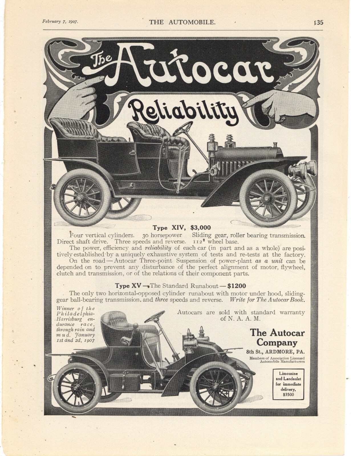1907 Auto-Car (Atterbury) Electric Car of Buffalo, New York Ad: REV is ...
