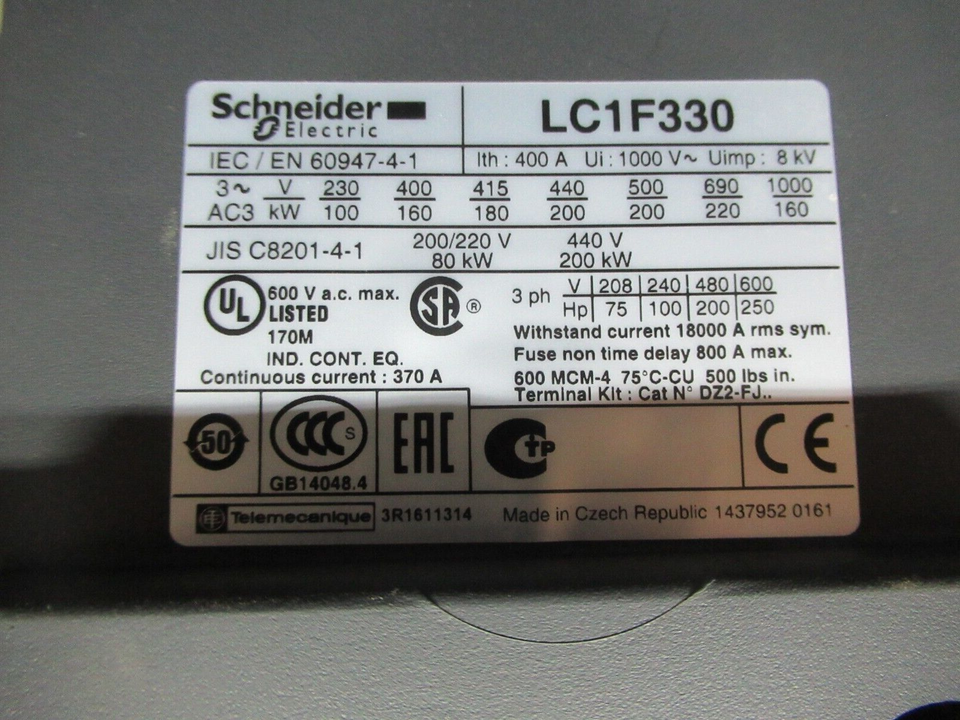 SCHNEIDER ELECTRIC CONTACTOR LC1F330 600 VAC 250 HP 400 AMP 3-PHASE 3 ...