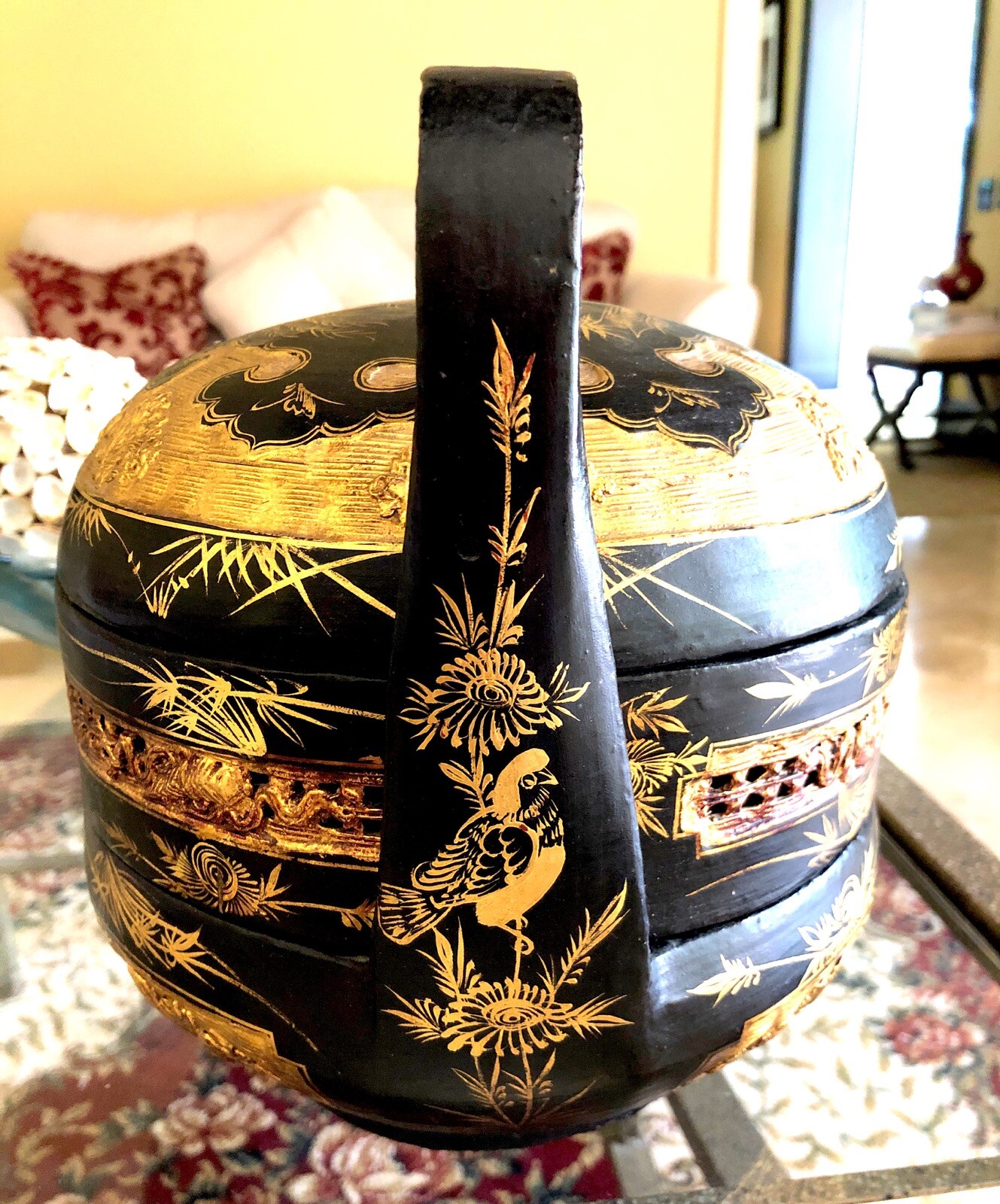 MEIJI PERIOD JAPANESE JUBAKU BAMBOO 3 TIERED BENTO BOX GOLD & BLACK ...