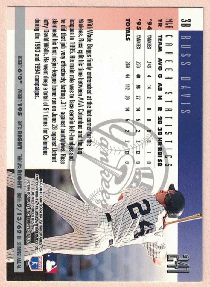 1995 DONRUSS RUSS DAVIS NEW YORK YANKEES #241 | eBay