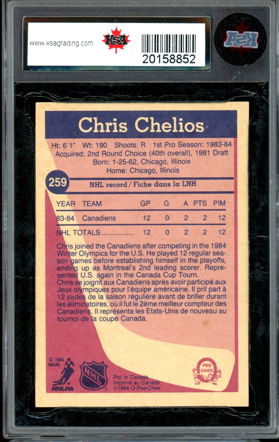 1984-85 OPC O-Pee-Chee #259 Chris Chelios Rookie HOF Ksa 8.5 NM-MT+ ...