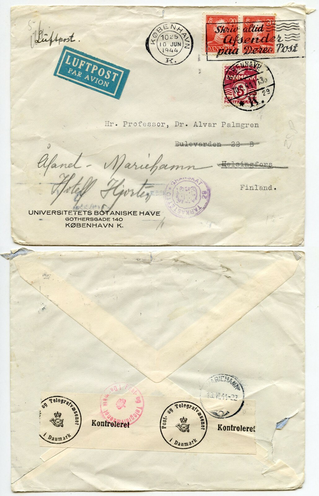DENMARK to FINLAND WW2 CENSORED AIRMAIL 1944 UNIVERSITY PRINTED ...
