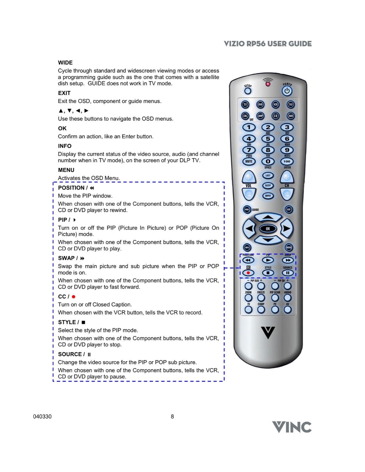 Vizio RP56 URC4864B04 TV Remote RP56 RP56HD21 RP56HD22 Vizio Rear ...