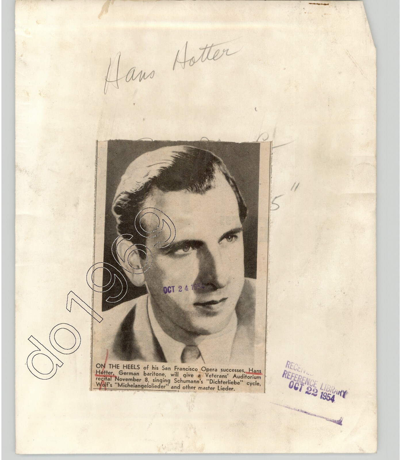 GERMAN Baritone Voice SF Opera HANS HOTTER Handsome Headshot 1954 Press ...