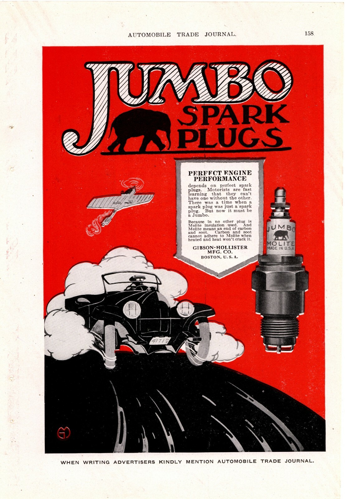 1916 Jumbo Spark Plugs Ad; Gibson Hollister Mfg. Co. - Boston ...