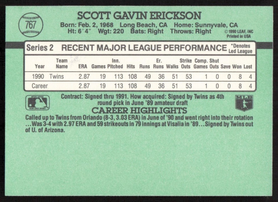 1991 Donruss #767 Scott Erickson Rookie Minnesota Twins | eBay