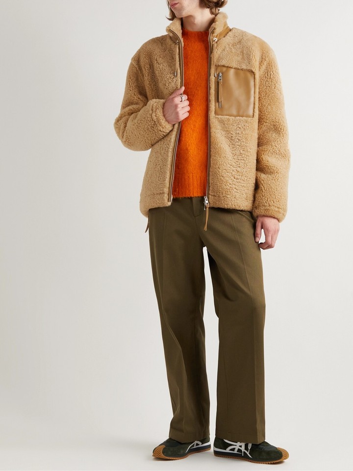 $5500 LOEWE Leather-Trimmed Shearling Jacket Lamb Beige Zip IT 46 Spain ...