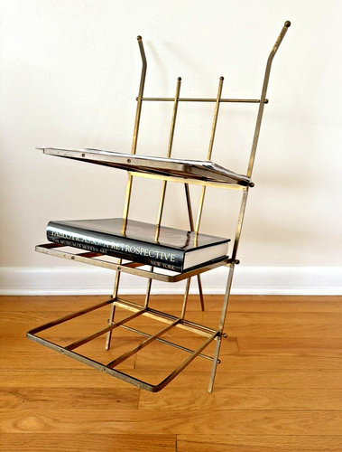 Vintage BRASS 3 Tier MAGAZINE Rack EASEL Folding MCM Hollywood GOLD ...