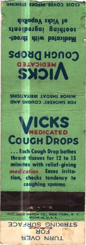 Vicks Medicated Cough Drops For Smoker's Cough Vintage Matchbook Cover ...