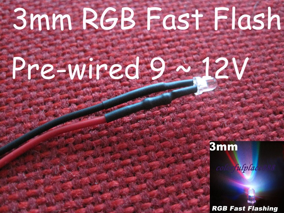 100pcs 3mm RGB Fast Flash Colorful Red Green Blue Pre-Wired LED Leds 9V ...