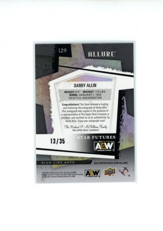 2022 Upper Deck Allure AEW Darby Allin #129 Star Futures Blue Line Auto ...