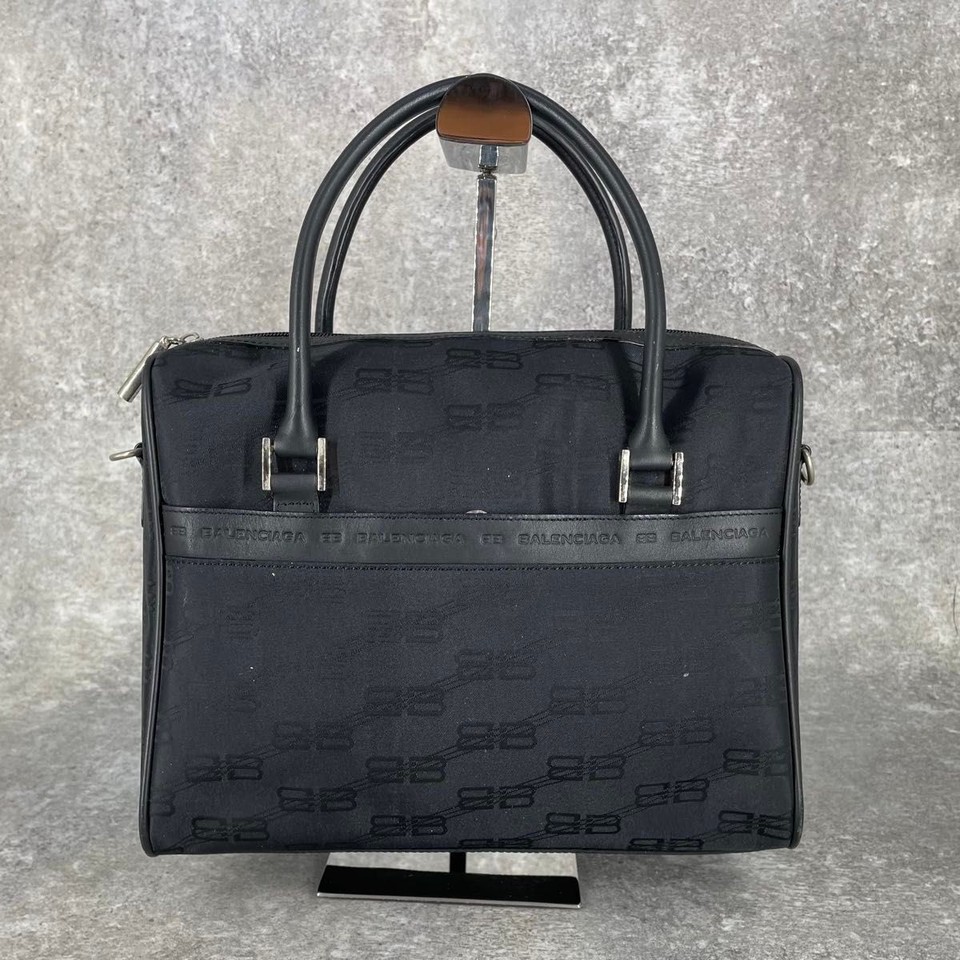 Balenciaga BB logo tela pelle mini borsa Boston nera tote bag 25 x 27,5 ...