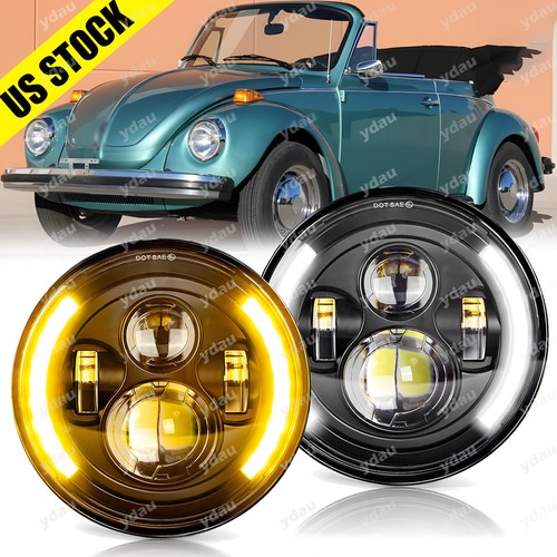 Pair 7" Inch Round LED Headlights Hi/Low Beam Halo DRL For VW Beetle ...