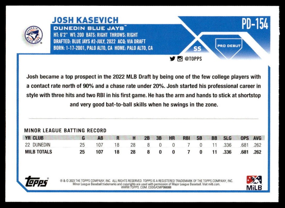 2023 Topps Pro Debut PD154 Josh Kasevich Dunedin Blue Jays Baseball ...