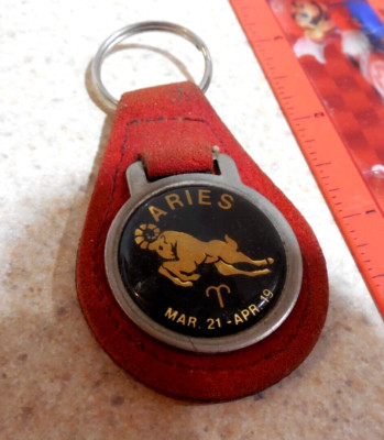 Vintage Keychain ARIES Key Fob Ring FAUX SUEDE LEATHER & METAL zodiac ...