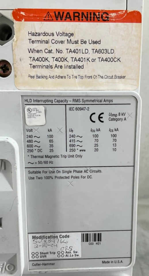 CUTLER HAMMER HLD3600F CIRCUIT BREAKER 600 A 3P 600V LT3600T TMA TRIP ...