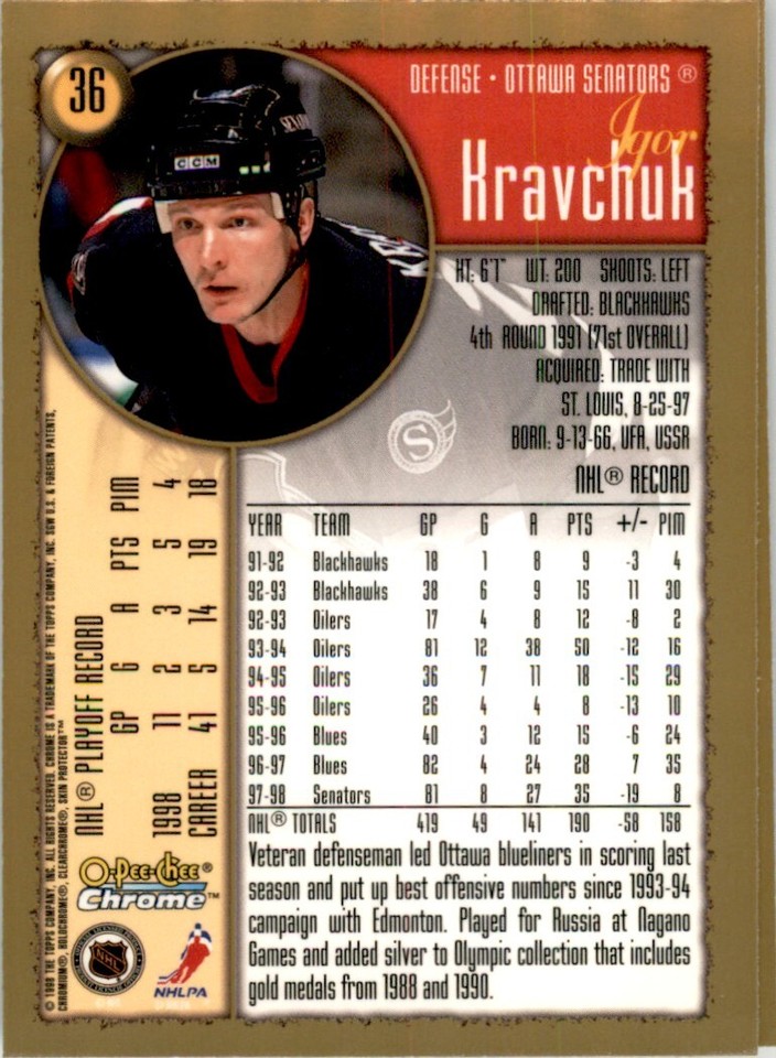 1998-99 O-PEE-CHEE CHROME IGOR KRAVCHUK OTTAWA SENATORS #36 | eBay