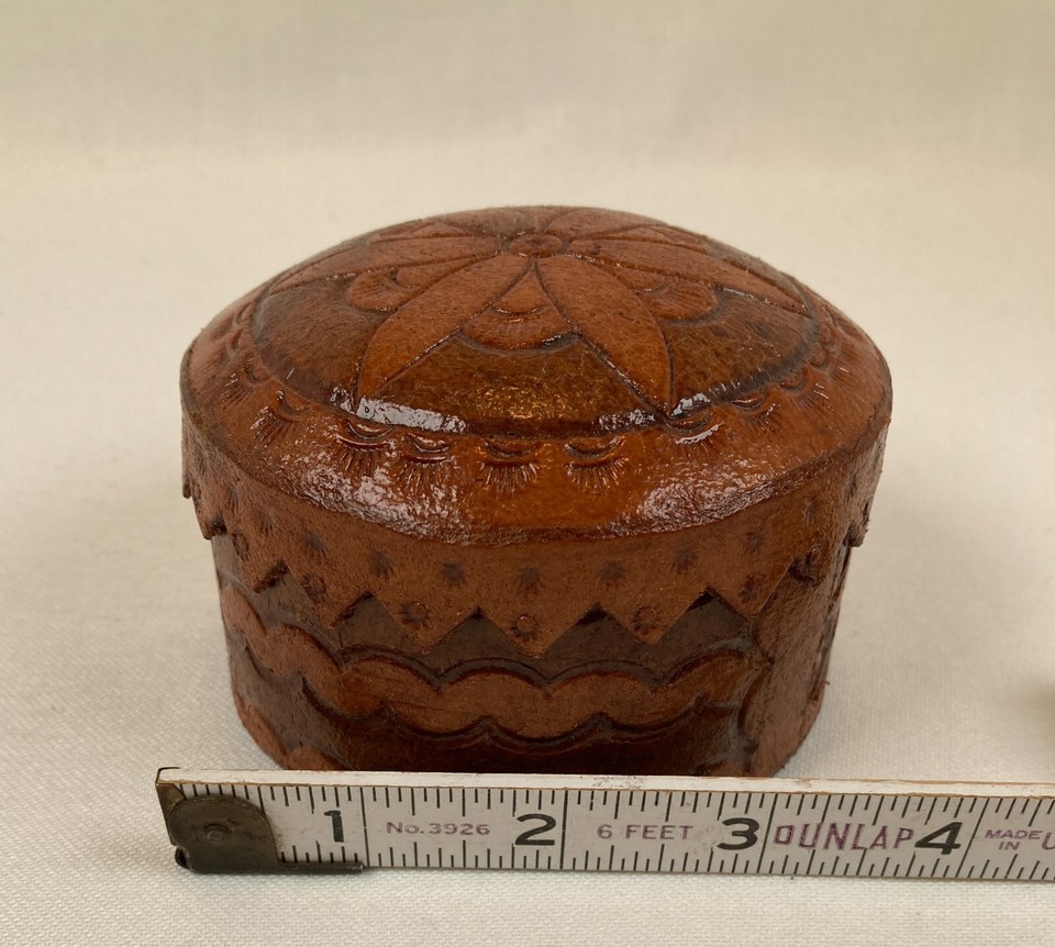 Leather Trinket Box with Matching Lid Brown Tooled Round Folk Art 2" H ...