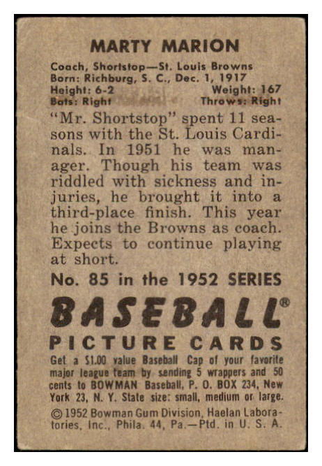 1952 BOWMAN # 85 MARTY MARION BROWNS VG-EX SET BREAK 488623 (KYCARDS ...