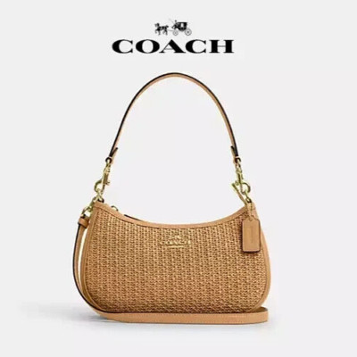 COACH Teri 2way Shoulder Bag Crossbody Straw Smooth Leather Latte Multi ...