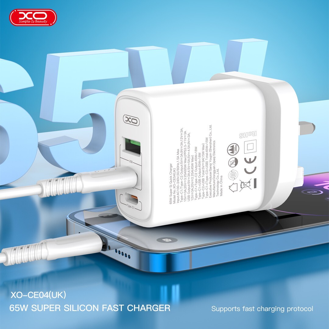 3 Ports 65W Super Silicon Fast Charger Adapter Plug TYPE-C PD65W USB-A ...