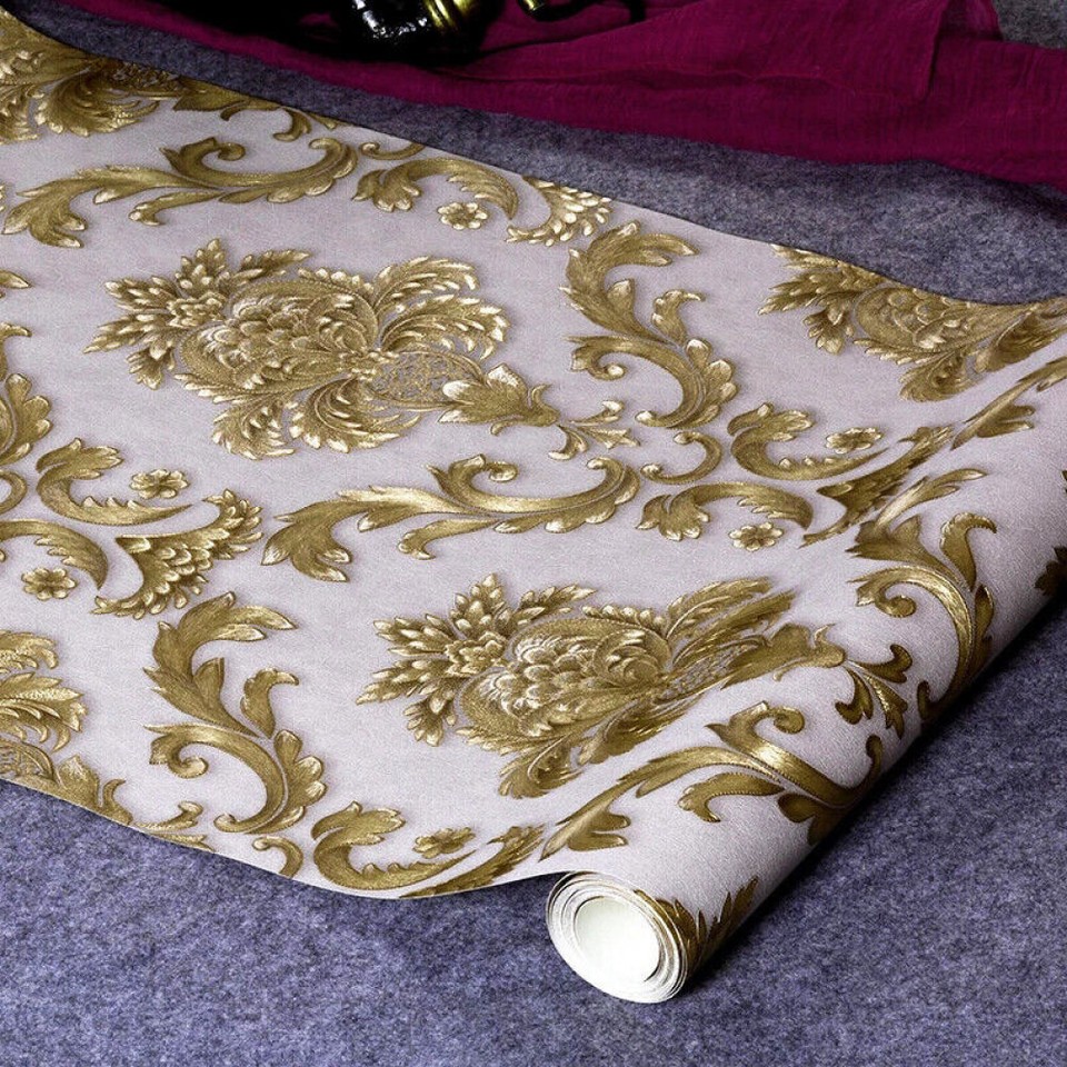 33FT Vintage Luxury Gold Damask Textured Wallpaper Roll Embossed Floral ...