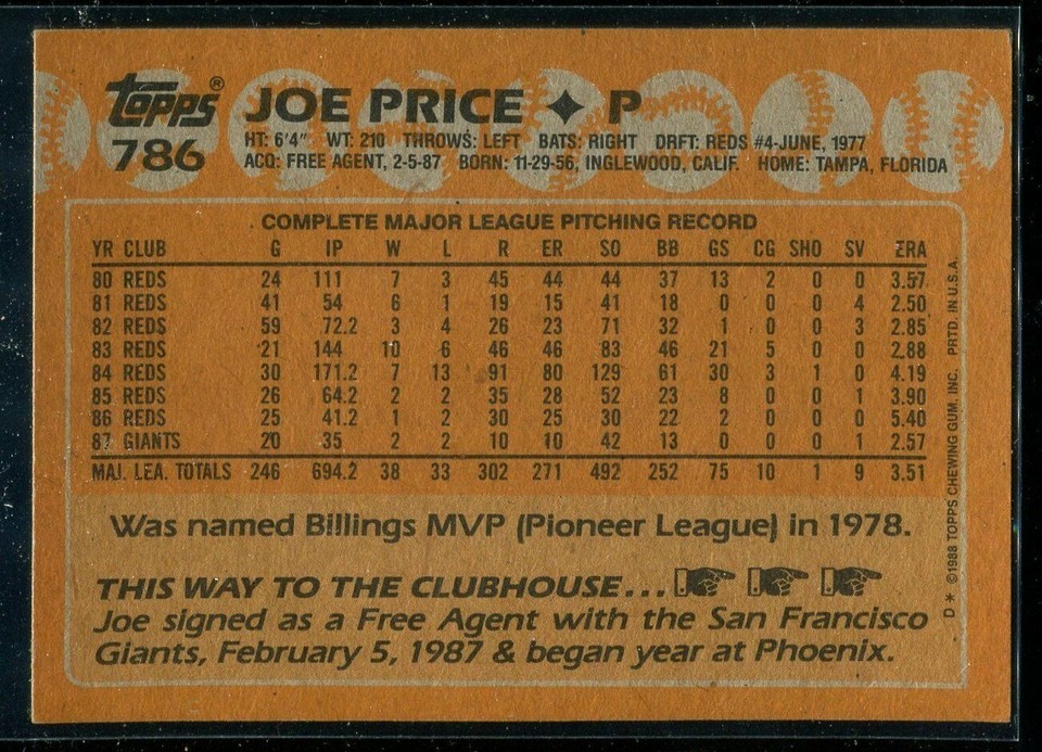 1988 Topps Baseball Joe Price #786 San Francisco Giants | eBay