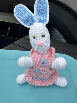 Hand Crochet Rabbit Plush Girl W Skirt Easter Basket Toy Shelf Sitter ...